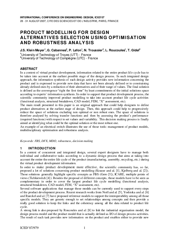 (PDF) Product Modelling for Design Alternatives Selection Using Optimisation and Robustness Analysis