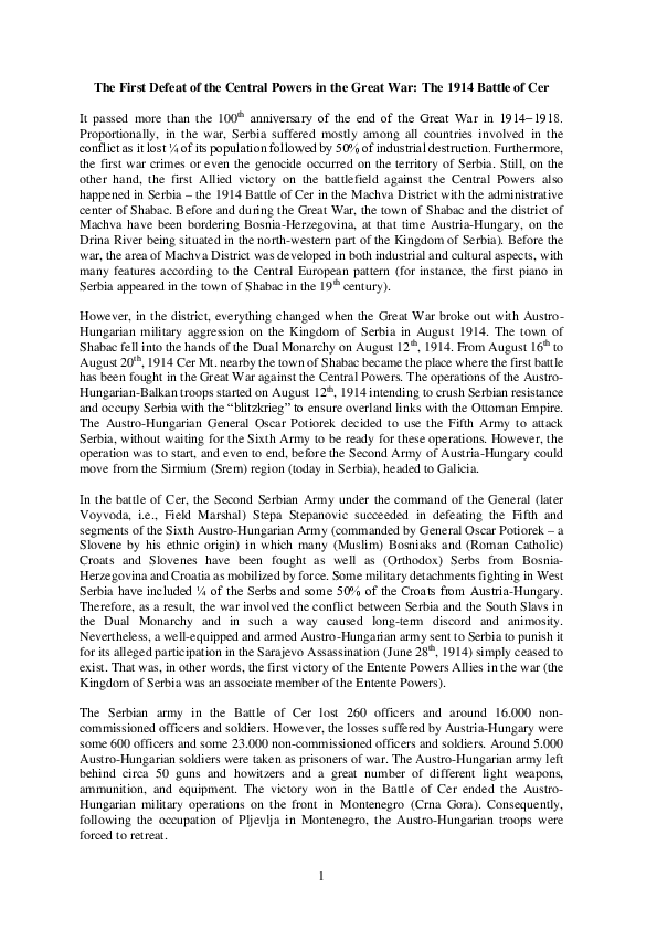 (PDF) The First Defeat of the Central Powers in the Great War: The 1914 ...