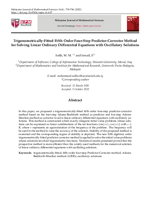 (PDF) Trigonometrically-Fitted Fifth Order Four-Step Predictor ...