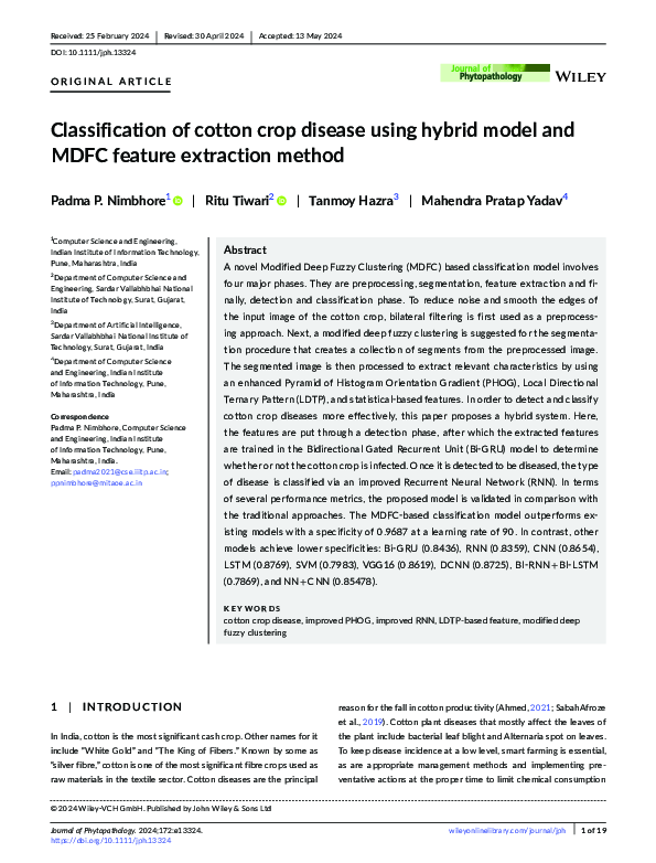 (PDF) Classification of cotton crop disease using hybrid model and MDFC ...