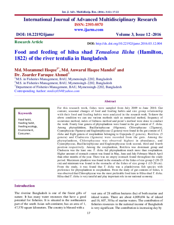 (PDF) Food and feeding of hilsa shad Tenualosa Ilisha (Hamilton, 1822 ...