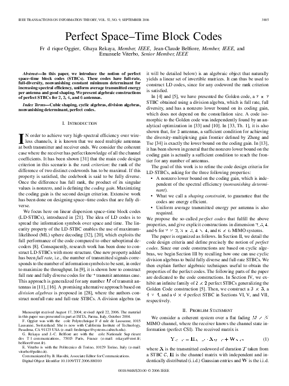 (PDF) Perfect Space Time Block Codes