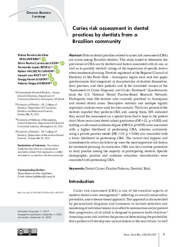 (PDF) Caries risk assessment in dental practices by dentists from a ...