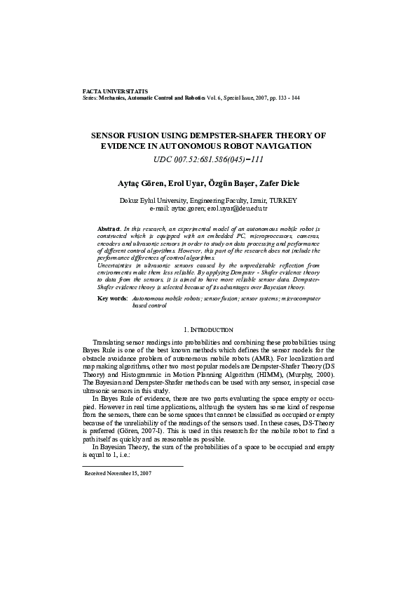 (PDF) Sensor fusion using Dempster-Shafer theory of evidence in autonomous robot navigation
