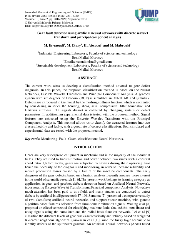 Pdf Gear Fault Detection Using Artificial Neural Networks With