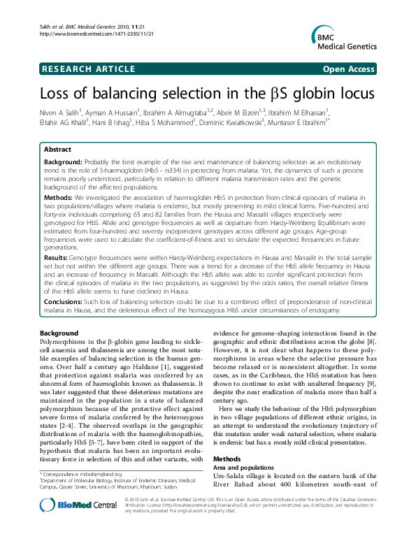 (PDF) Loss of balancing selection in the S globin locus
