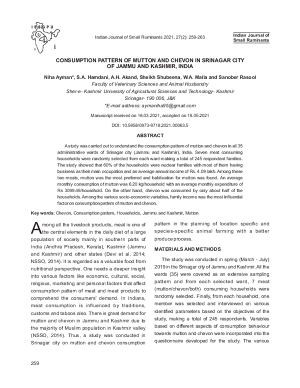 (PDF) CONSUMPTION PATTERN OF MUTTON AND CHEVON IN SRINAGAR CITY OF ...