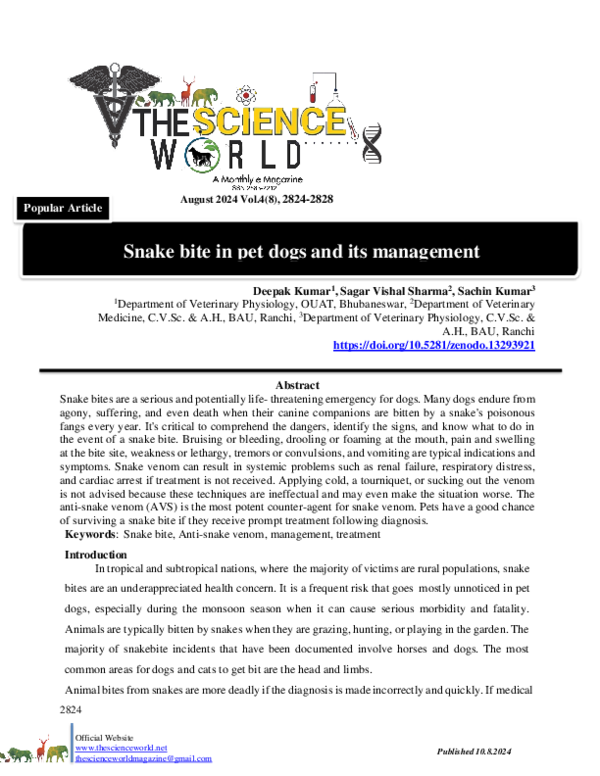 (PDF) Snake bite in pet dogs and its management