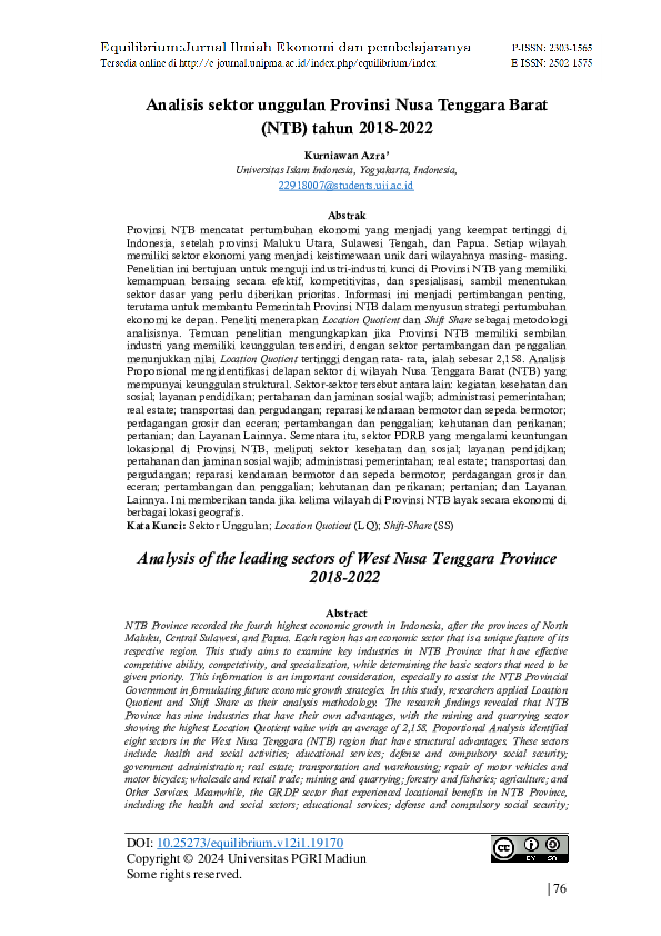 (PDF) Analisis sektor unggulan provinsi Nusa Tenggara Barat (NTB) tahun ...