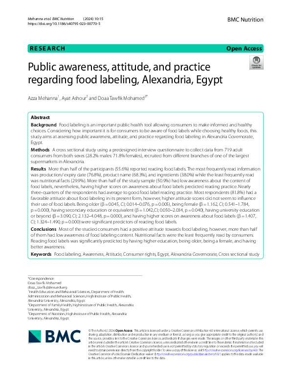 (PDF) Public awareness, attitude, and practice regarding food labeling ...