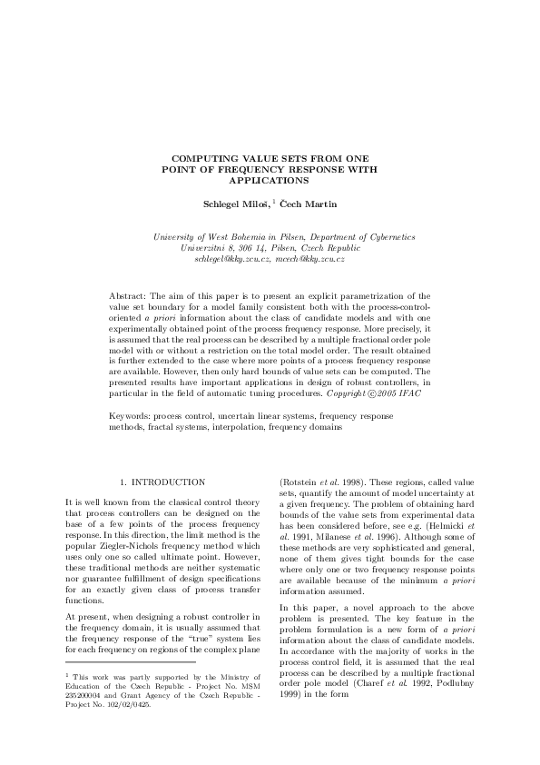(PDF) Computing Value Sets from One Point of Frequency Response with ...
