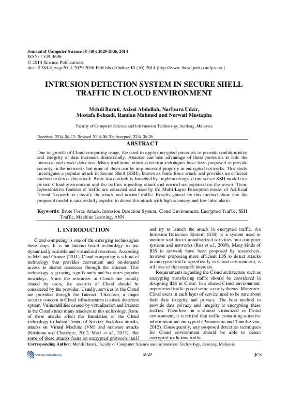 (PDF) Intrusion Detection System in Secure Shell Traffic in Cloud Environment