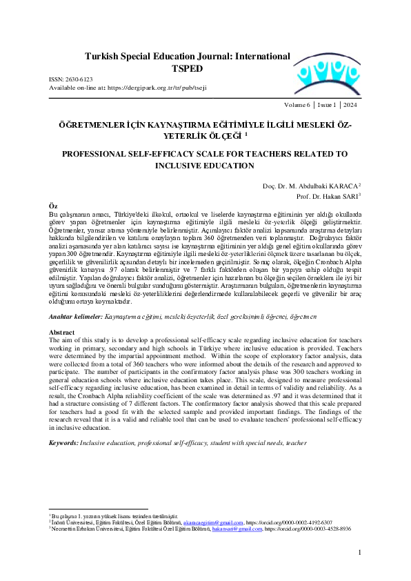 (PDF) PROFESSIONAL SELF-EFFICACY SCALE FOR TEACHERS RELATED TO ...