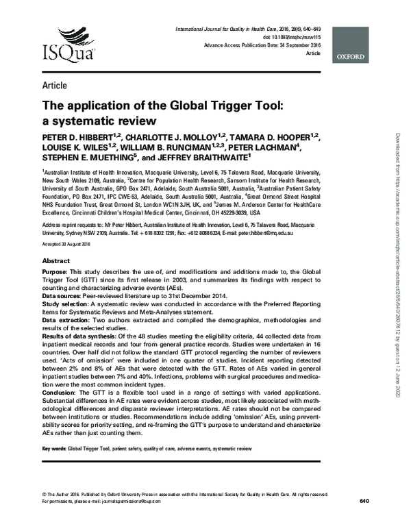 Pdf The Application Of The Global Trigger Tool A Systematic Review