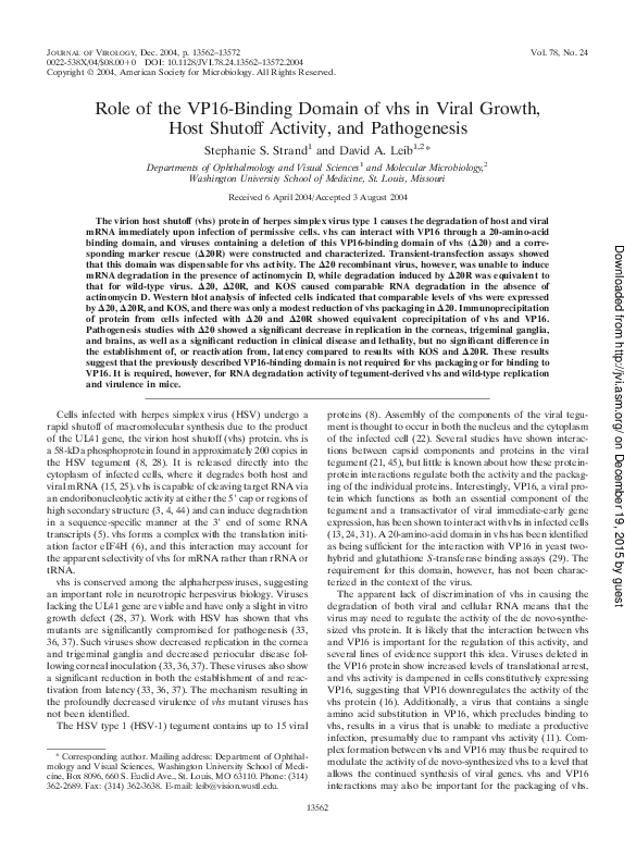 (PDF) Role of the VP16-Binding Domain of vhs in Viral Growth, Host ...