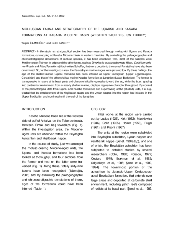 (PDF) Molluscan Fauna and Stratigraphy of the Uçarsu and Kasaba ...