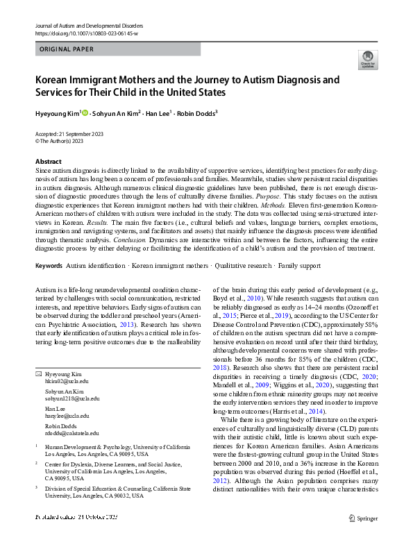 (PDF) Korean Immigrant Mothers and the Journey to Autism Diagnosis and ...
