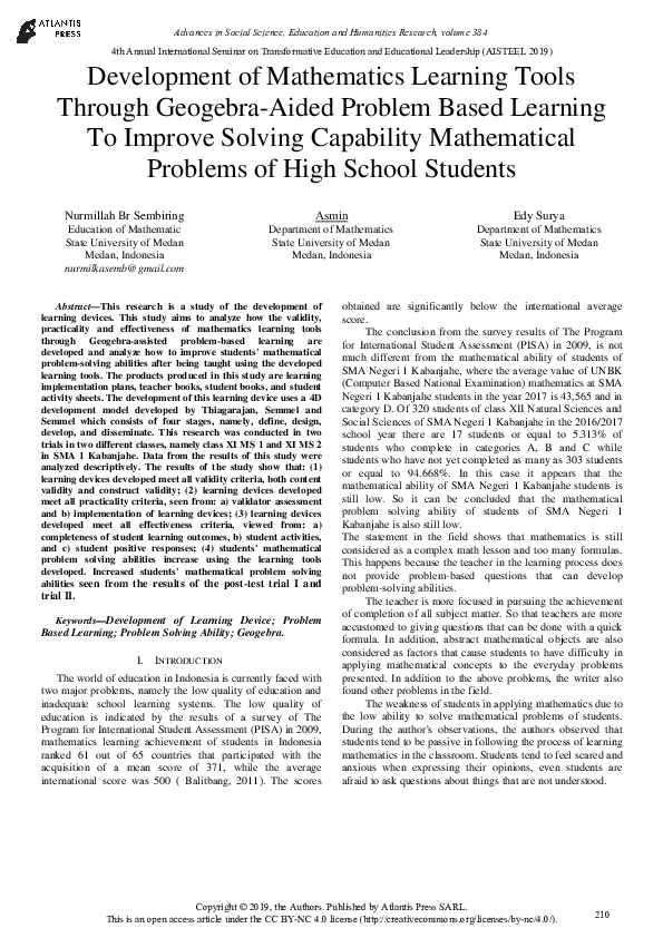 (PDF) Development of Mathematics Learning Tools Through Geogebra-Aided Problem Based Learning To ...