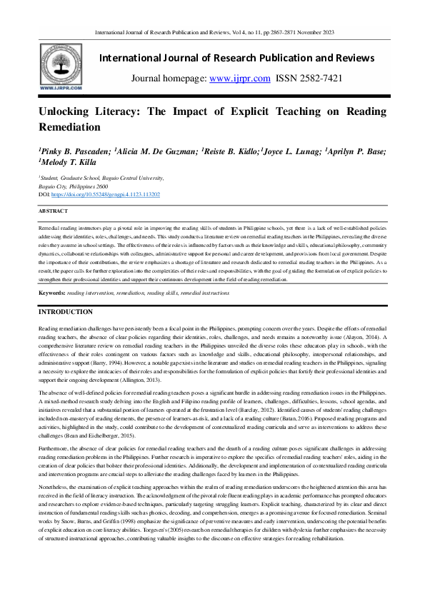 (PDF) Unlocking Literacy: The Impact of Explicit Teaching on Reading ...