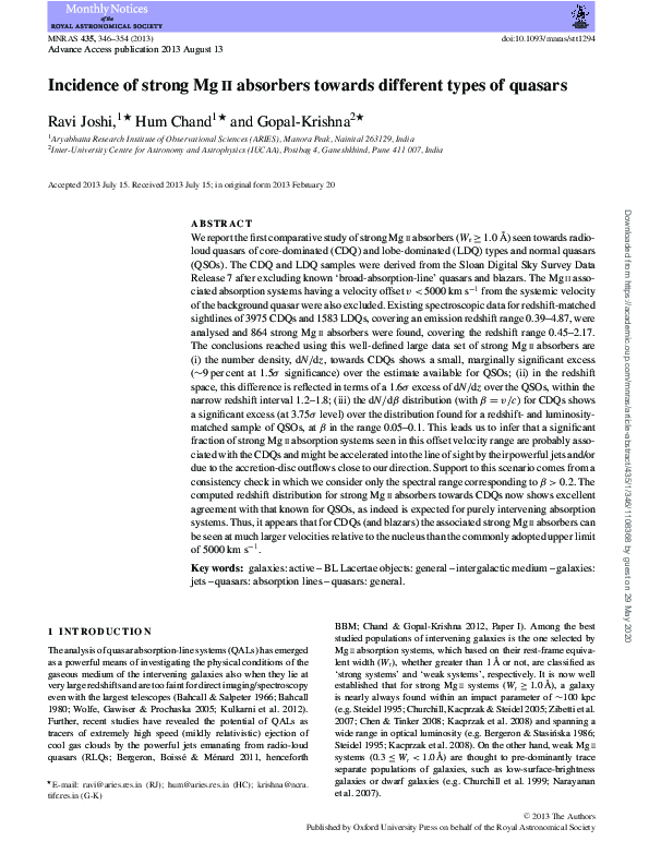 (PDF) Incidence of strong Mg II absorbers towards different types of ...