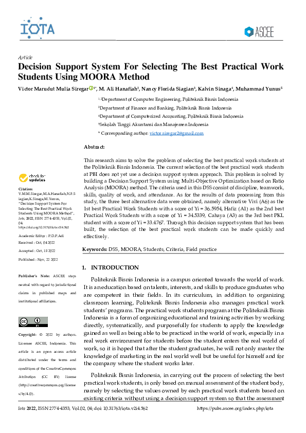 (PDF) Decision Support System For Selecting The Best Practical Work Students Using MOORA Method