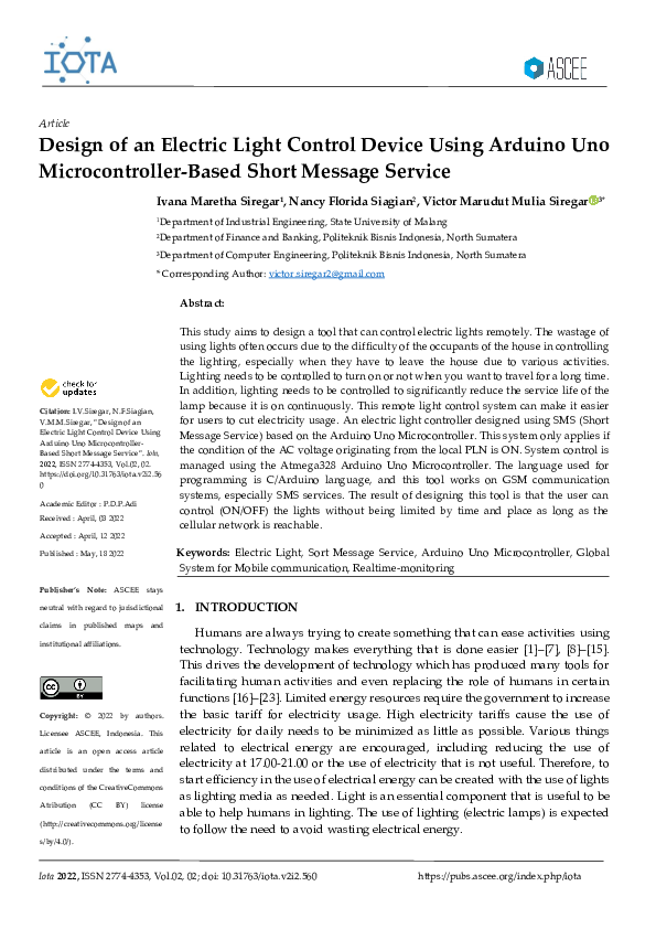 (PDF) Design of an Electric Light Control Device Using Arduino Uno Microcontroller-Based Short ...