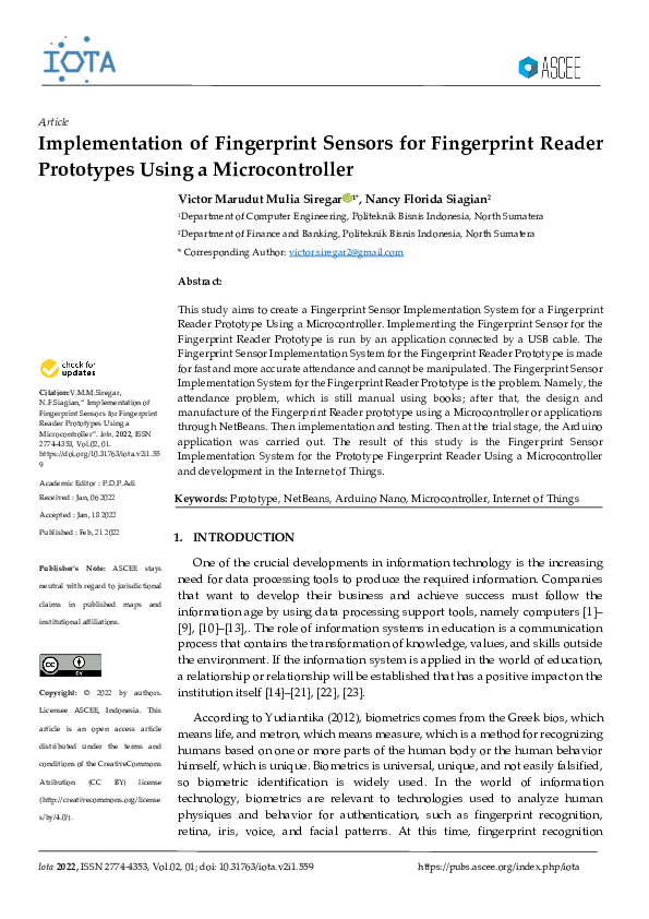 Pdf Implementation Of Fingerprint Sensors For Fingerprint Reader Prototypes Using A