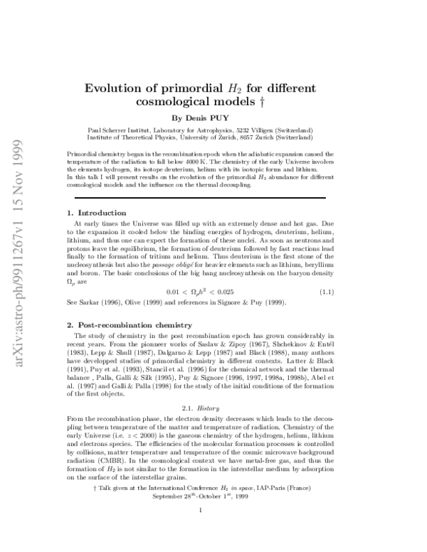 (PDF) Evolution of Primordial H2 for Different Cosmological Models