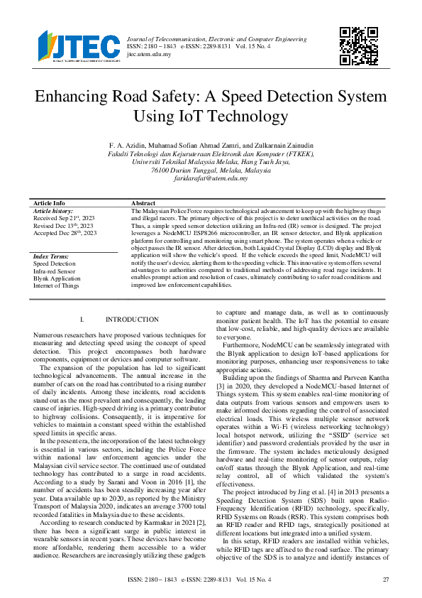 (PDF) Enhancing Road Safety: A Smart Speed Detection System Using IoT ...