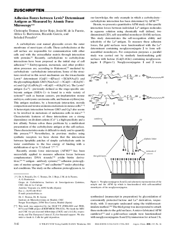 (PDF) Adhesion Forces between LewisX Determinant Antigens as Measured by Atomic Force Microscopy