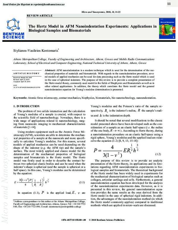 (PDF) The Hertz Model in AFM Nanoindentation Experiments: Applications ...
