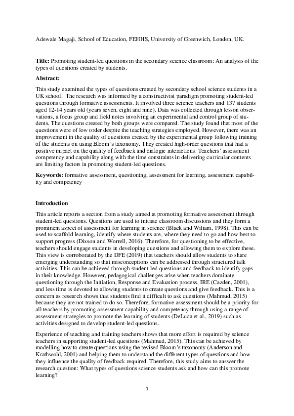 (PDF) Promoting student-led questions in the secondary science ...