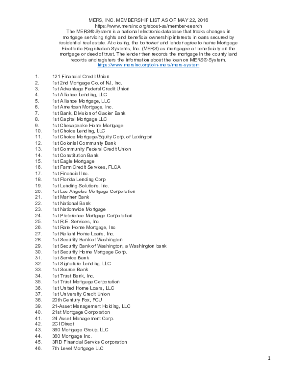 (PDF) MERS Membership List as of May 2016 per a document discovered on ...