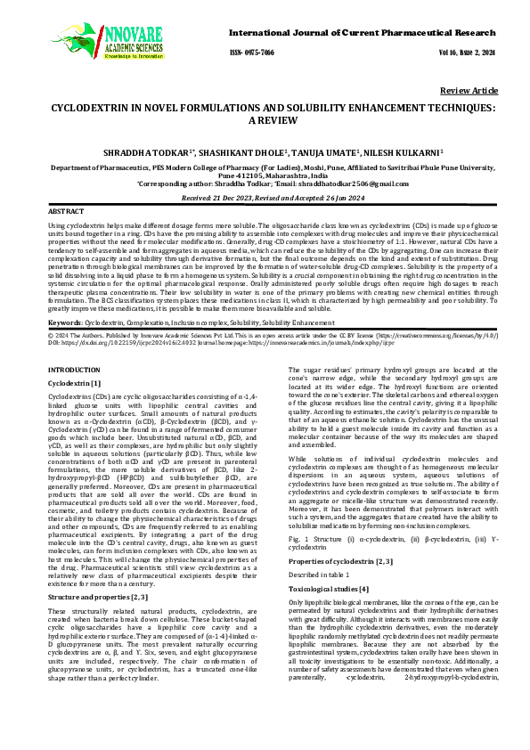 (PDF) Cyclodextrin in Novel Formulations and Solubility Enhancement Techniques: A Review