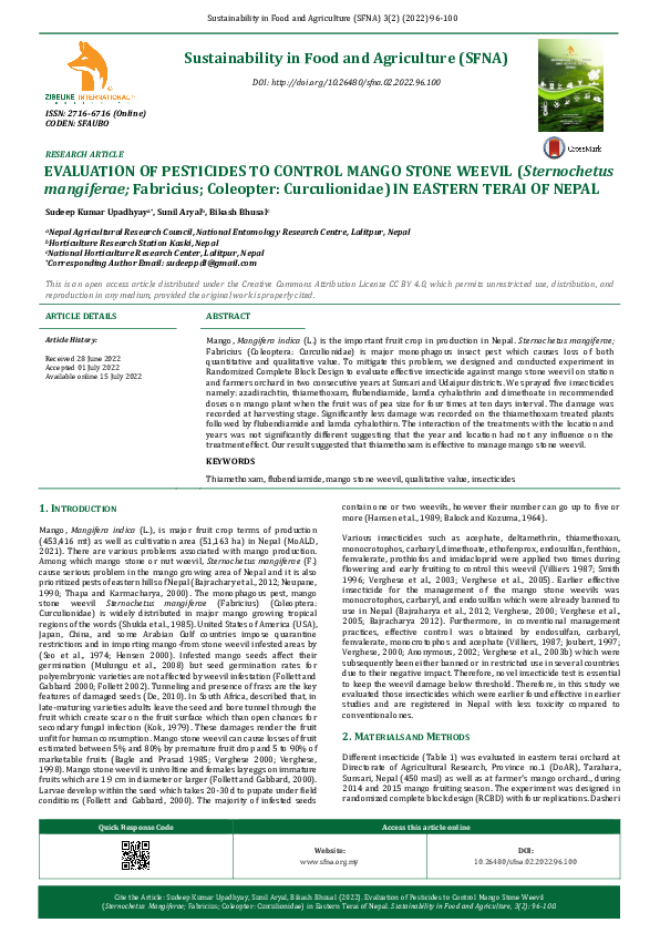 (PDF) EVALUATION OF PESTICIDES TO CONTROL MANGO STONE WEEVIL ...