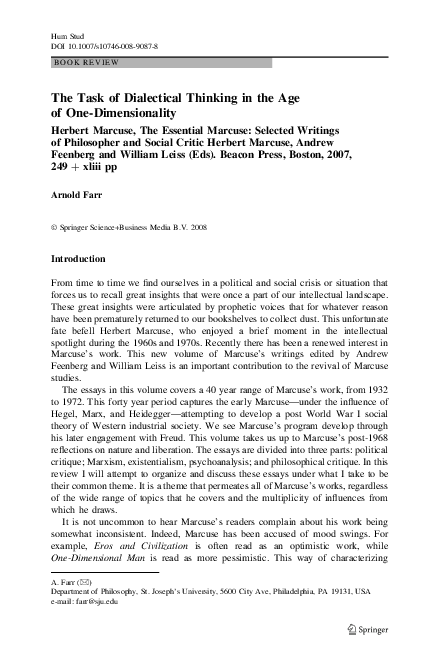 (PDF) The Task of Dialectical Thinking in the Age of One-Dimensionality