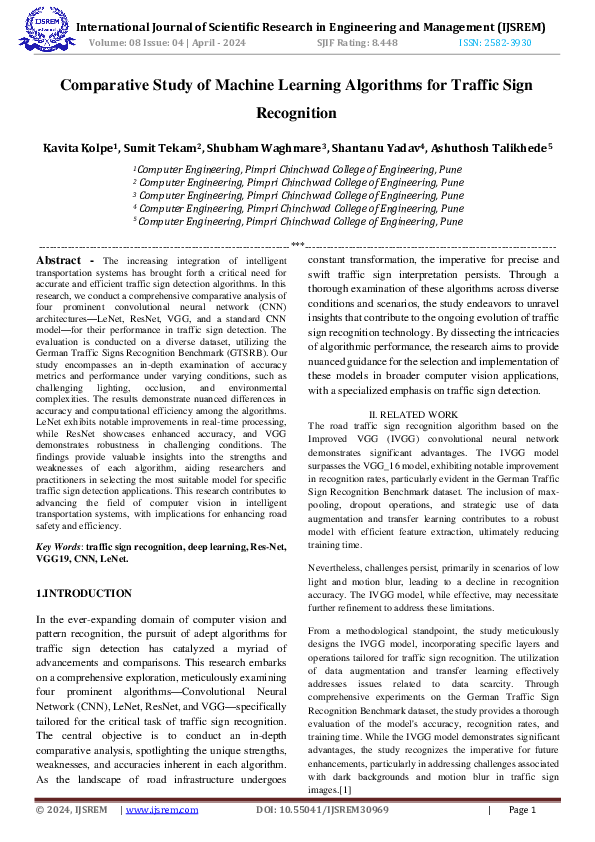 (PDF) Comparative Study of Machine Learning Algorithms for Traffic Sign Recognition