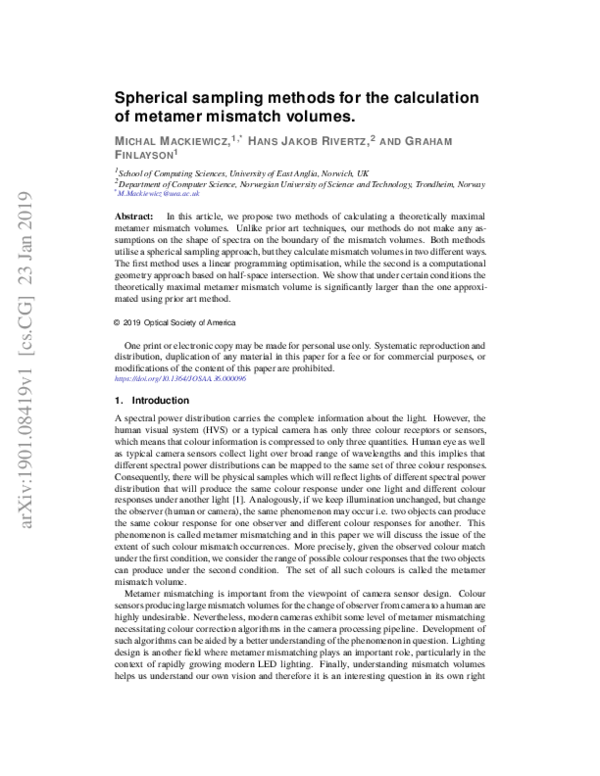(PDF) Spherical sampling methods for the calculation of metamer mismatch volumes