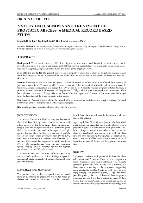 (PDF) A STUDY ON DIAGNOSIS AND TREATMENT OF PROSTATIC ABSCESS: A ...