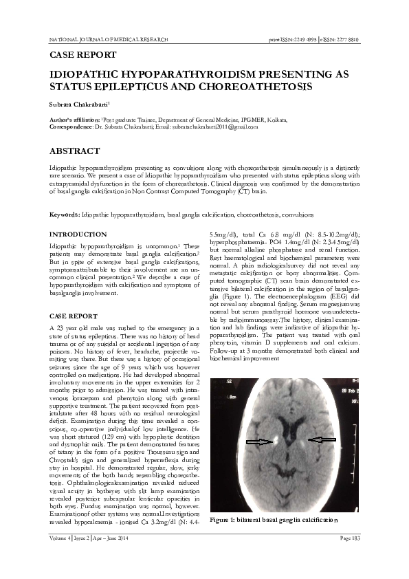 (PDF) IDIOPATHIC HYPOPARATHYROIDISM PRESENTING AS STATUS EPILEPTICUS AND CHOREOATHETOSIS ...
