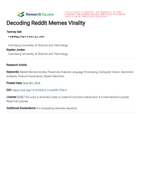 (PDF) Decoding Reddit Memes Virality | Tanmay Sah - Academia.edu