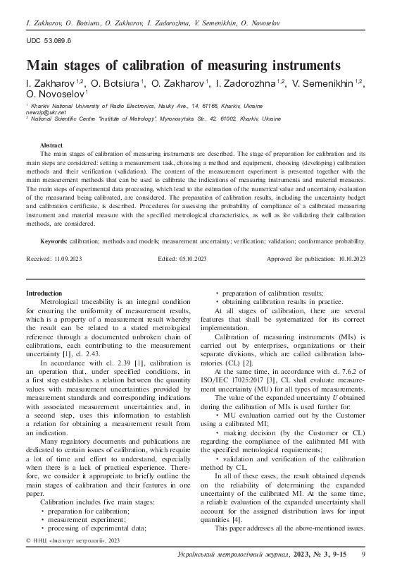 (PDF) Main stages of calibration of measuring instruments