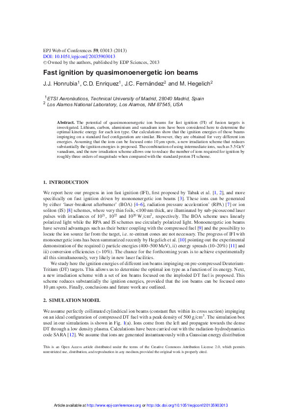 (PDF) Fast ignition by quasimonoenergetic ion beams