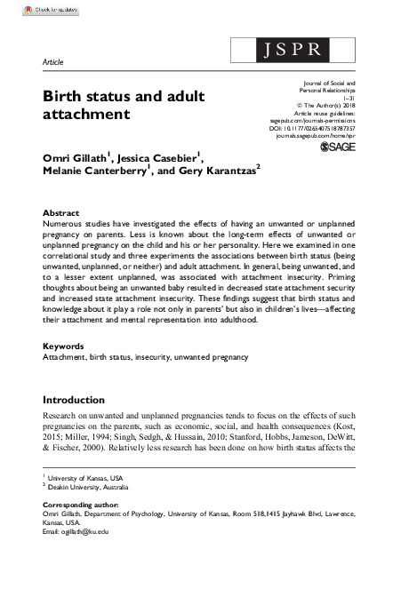 (PDF) Birth status and adult attachment