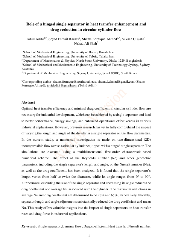 (PDF) Role of a hinged single separator in heat transfer enhancement and drag reduction in ...