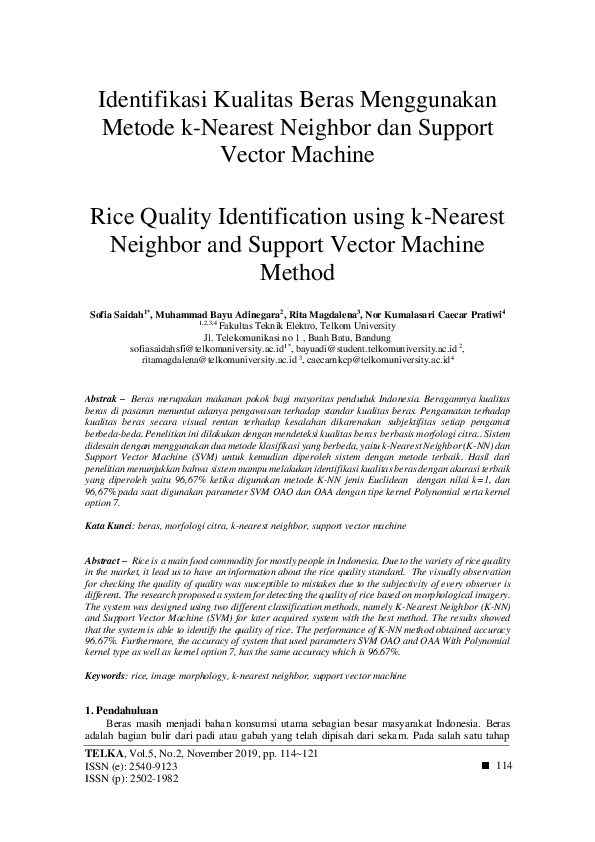(PDF) Identifikasi Kualitas Beras Menggunakan Metode k-Nearest Neighbor dan Support Vector Machine