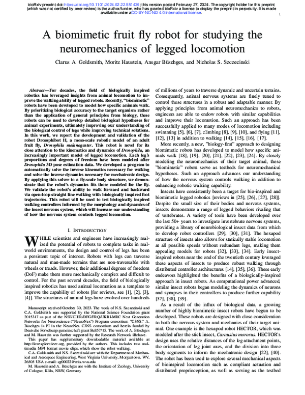 (PDF) A biomimetic fruit fly robot for studying the neuromechanics of ...