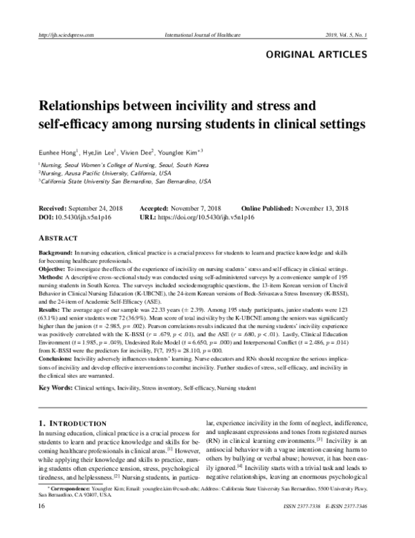 (PDF) Relationships between incivility and stress and self-efficacy among nursing students in ...