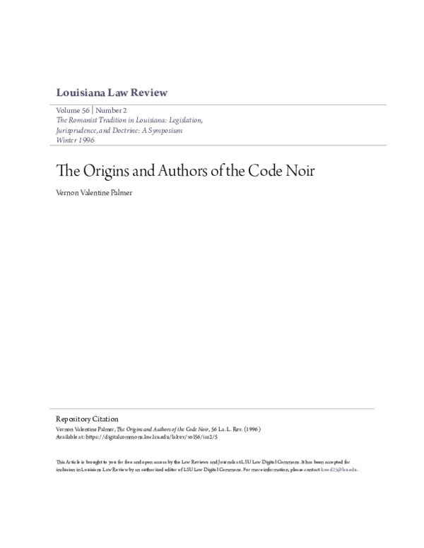 (PDF) Origins and Authors of the Code Noir, The