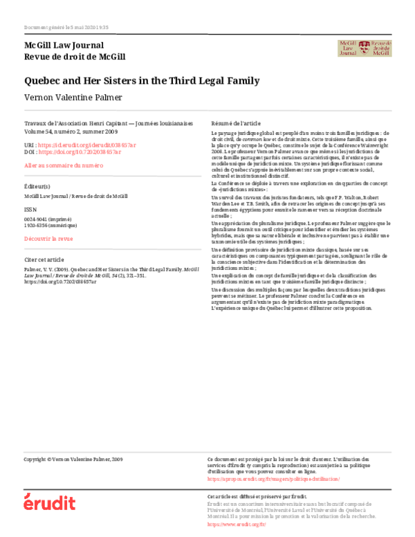(PDF) Quebec and Her Sisters in the Third Legal Family